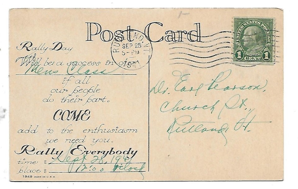 1941 RALLY DAY POSTCARD- CHURCH,INVITATION, SCRIPTURE(PSALM 34:3 ...