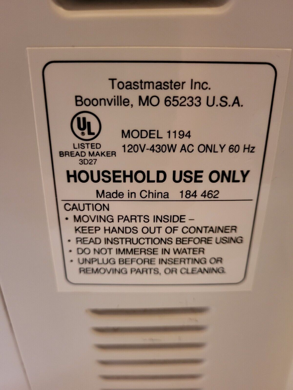 Heating Element for Toastmaster Bread Machine Model 1194 only | eBay