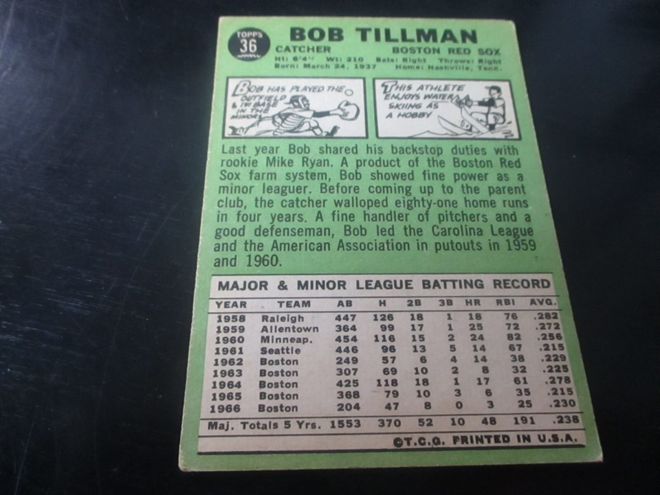 bob tillman (boston red sox - c) 1967 topps card #36 excellent+ ...