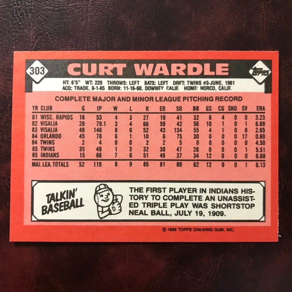 1986 Topps TIFFANY Set CURT WARDLE ROOKIE #303 INDIANS *MINT* *HIGH ...