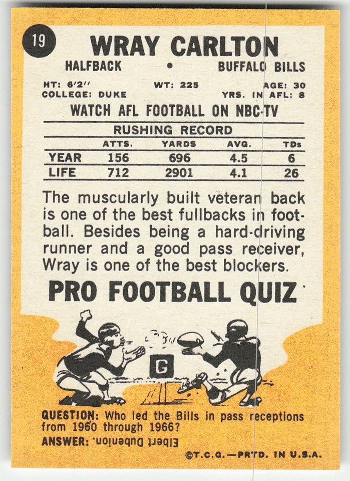 1967 Topps #19 Wray Carlton FOOTBALL Buffalo Bills | eBay