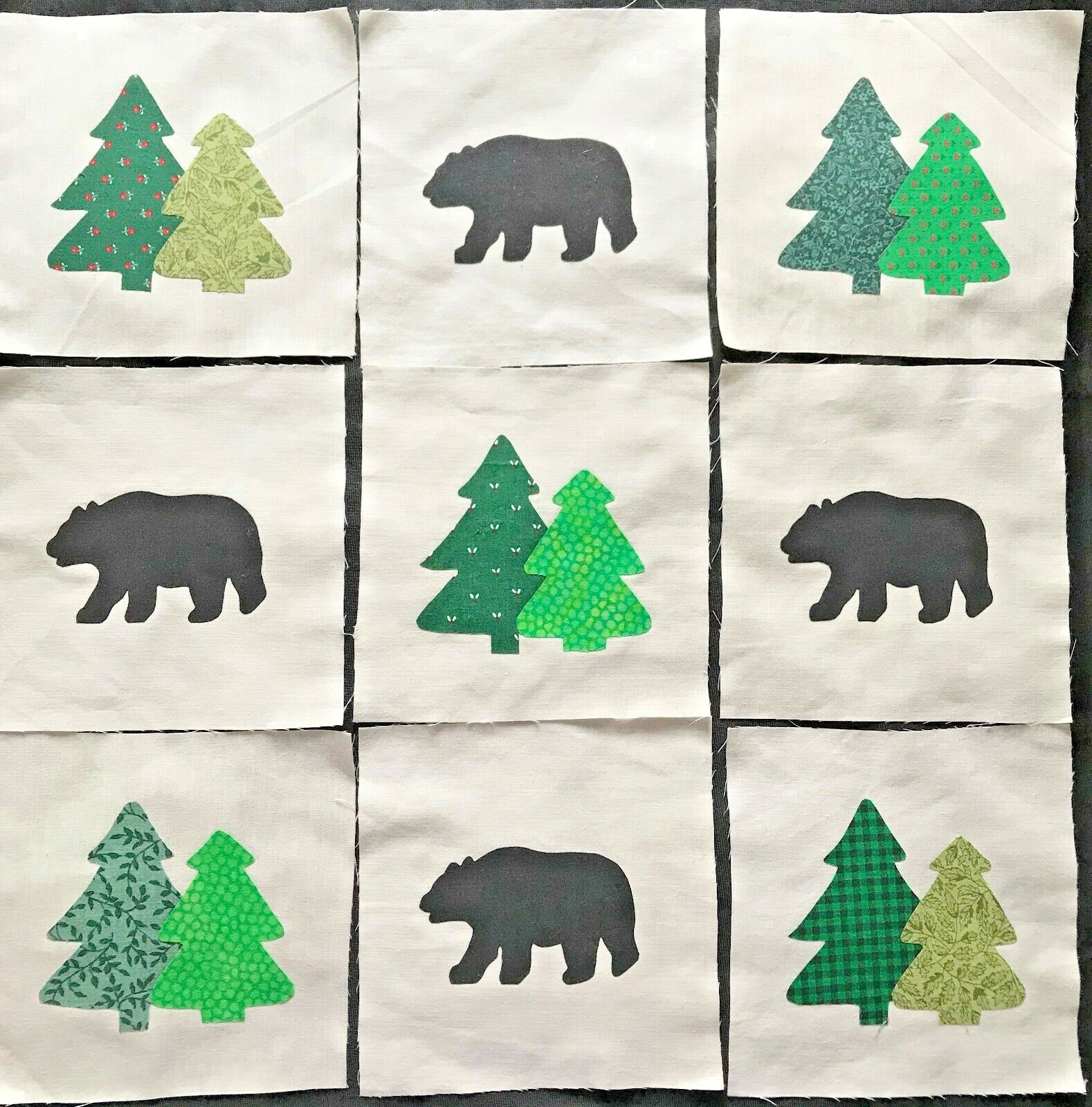 Fabric Quilt Top Blocks 6" Square Trees & Black Bear Cabin Appliques ...