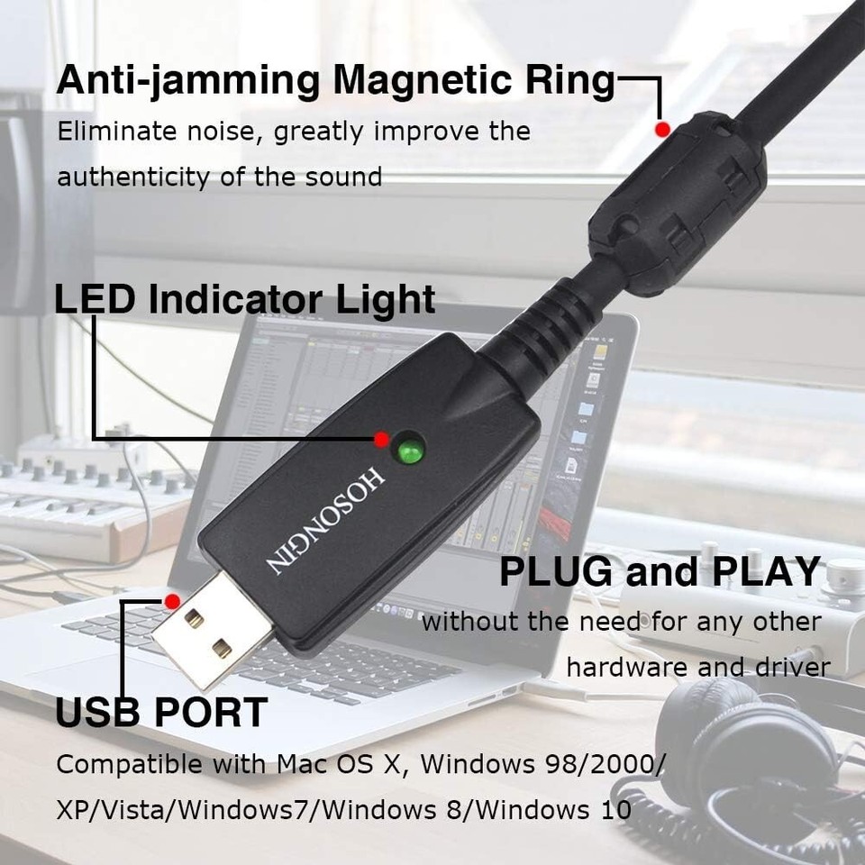 HOSONGIN USB Microphone Cable 10Ft, USB Male to XLR Female Mic Link ...