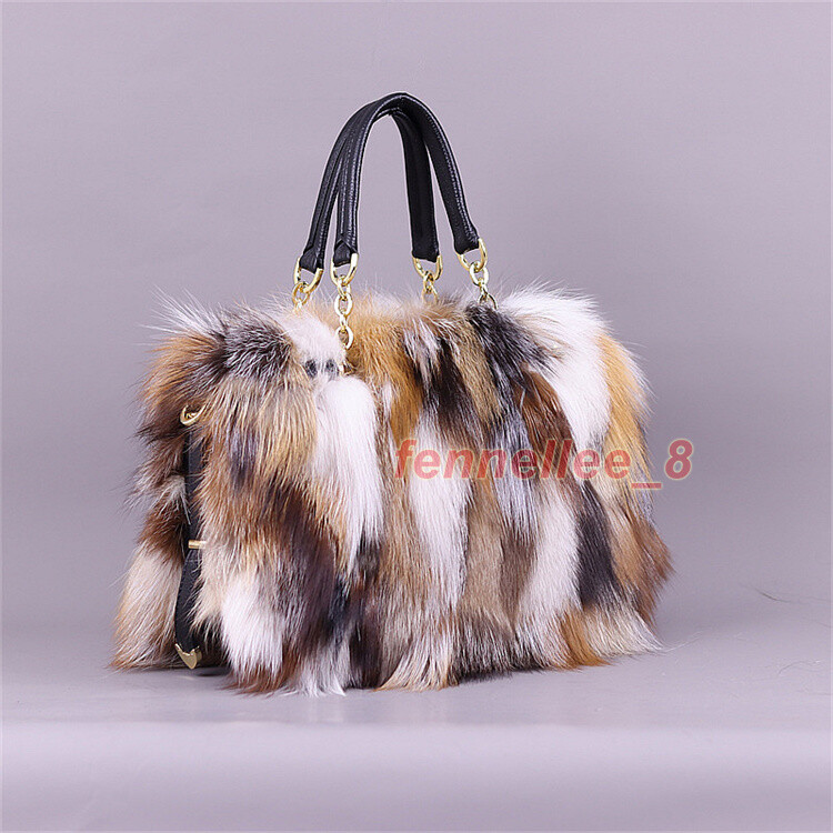 Women's Colored Real Fox Fur Handbag Real Leather Bag Cowhide Tote ...