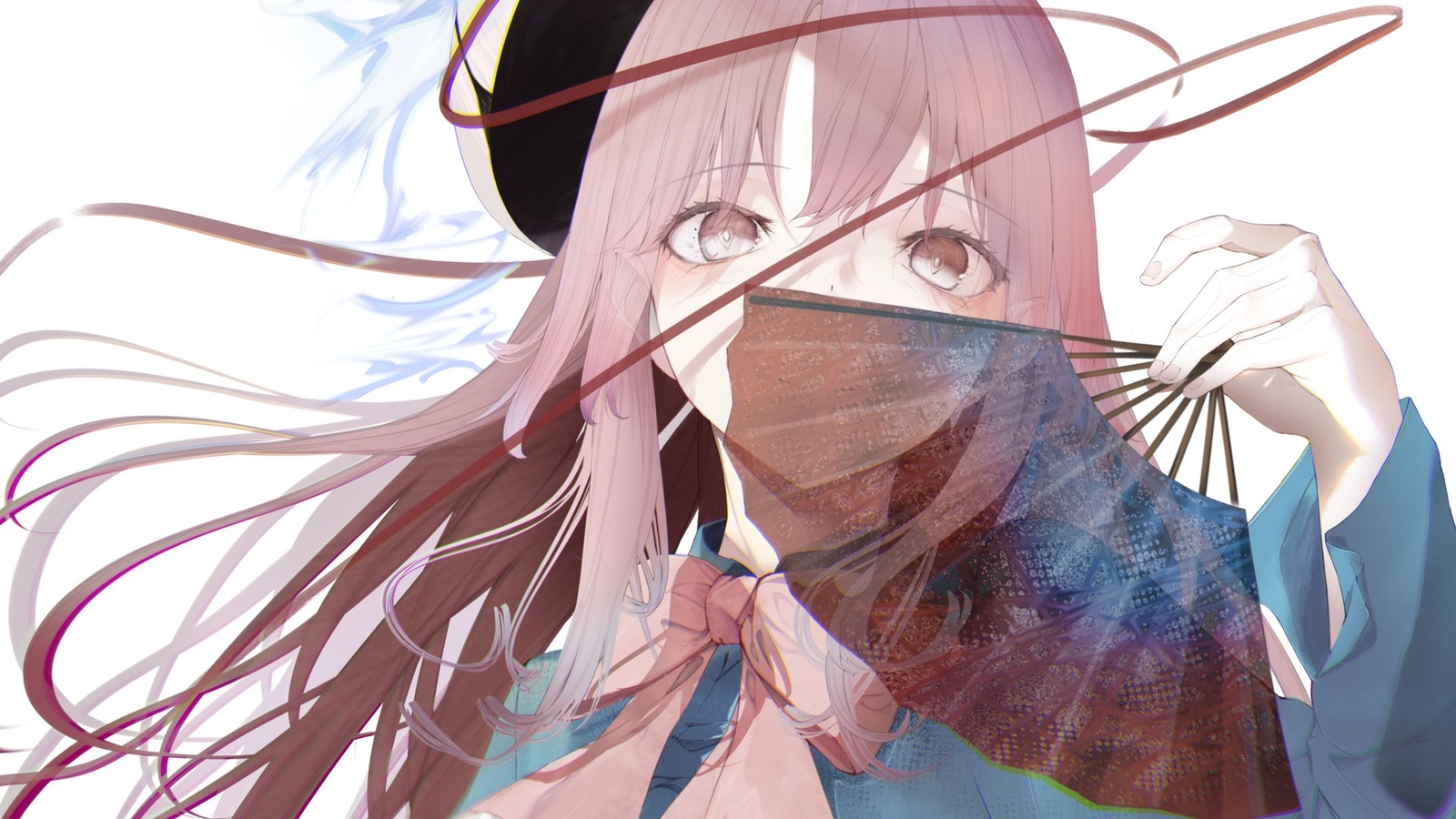 Anime girls pink hair long hand fan fox mask ribbon Playmat Game Mat ...