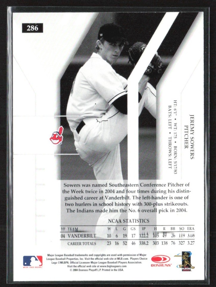 Jeremy Sowers 2004 Donruss Elite Extra Edition Auto /537 #286 Cleveland ...