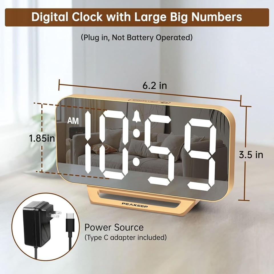 Peakeep Slim Digital Mirror Aesthetic Alarm Clock for Small, Gold With ...