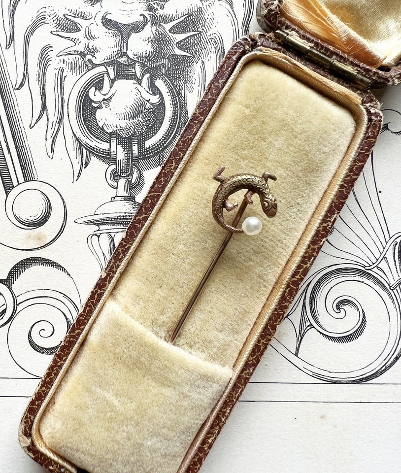 ANTIQUE • Victorian 10k Rosy Yellow Gold w/ Seed Pearl Repoussé Lizard ...