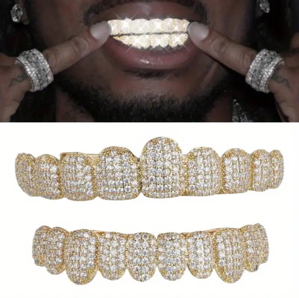 SOLID 925 Gold Simulated Diamonds Custom GRILLZ Teeth Top Bottom Set ...