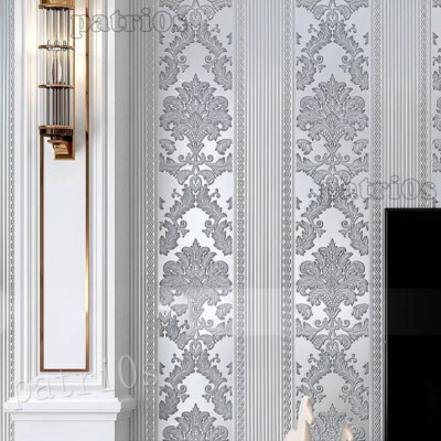 Glitter Damask Silver Grey Wallpaper Roll Embossed Non-Woven Textured ...