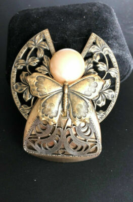 Angel Butterfly Pin Brooch Jane 1996 AOL Faux Pearl Antique Gold Metal ...