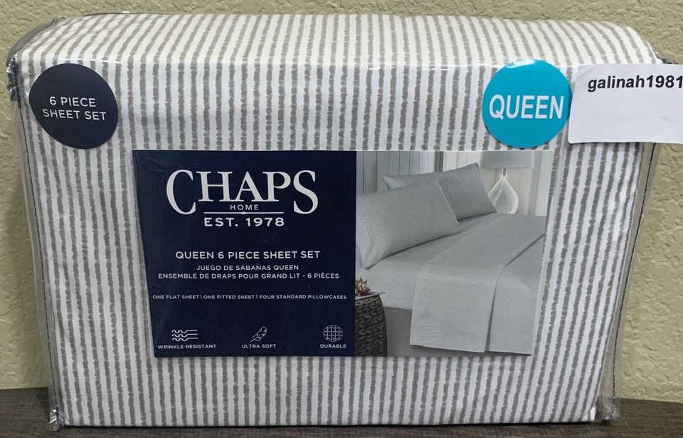 CHAPS by Ralph Lauren 6pc QUEEN Sheet Set with 4 Pillowcases White Grey ...