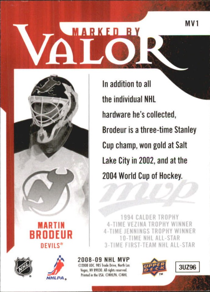 2008-09 (DEVILS) Upper Deck MVP Marked by Valor #MV1 Martin Brodeur | eBay