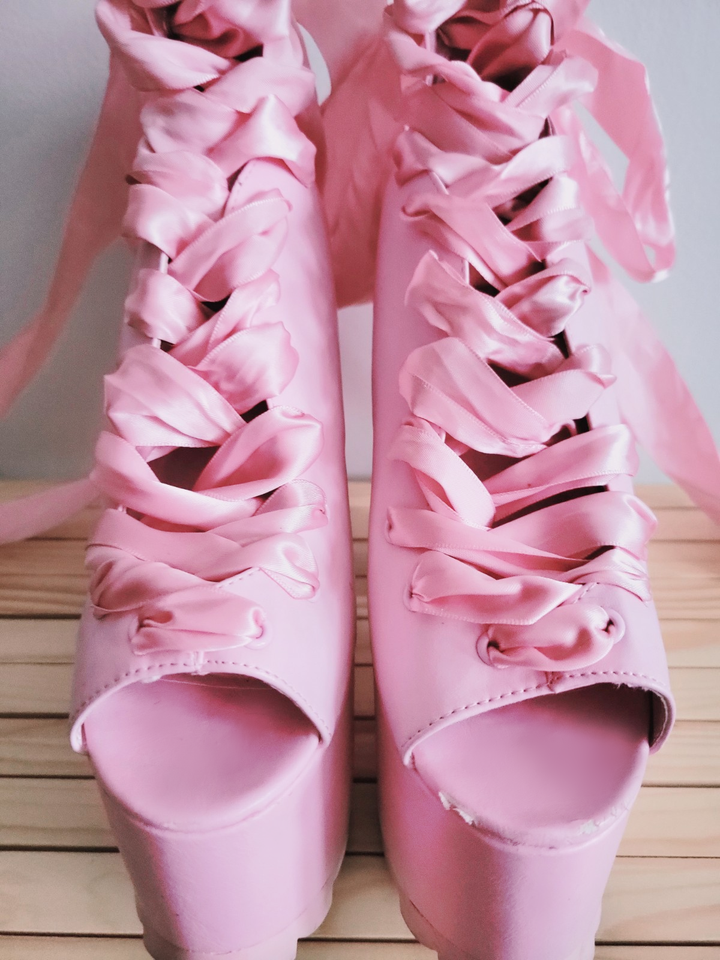 BALLET BAE - YRU (DollsKill) Satin Pink Ribbon Lace-Up Platform Heels ...