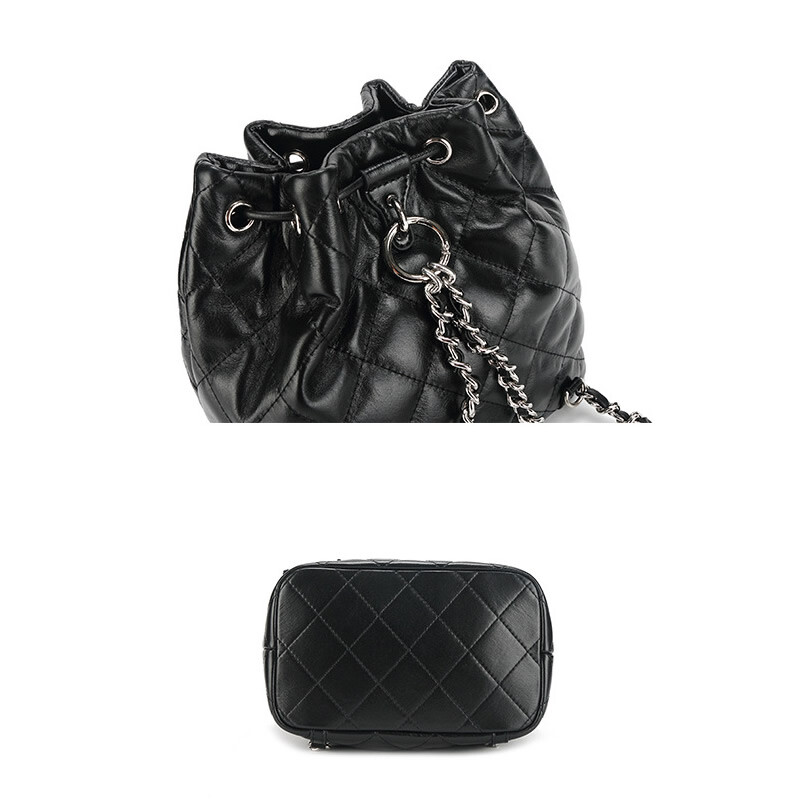 Small Mini Quilted Real Leather Drawstring Bucket Backpack Chains Purse ...