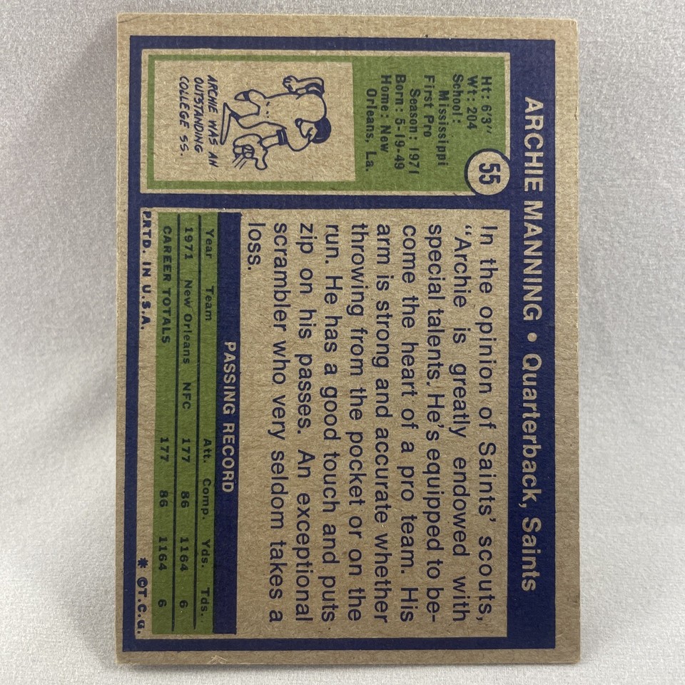 Archie Manning -Mississippi- New Orleans Saints Autographed Rookie Card ...