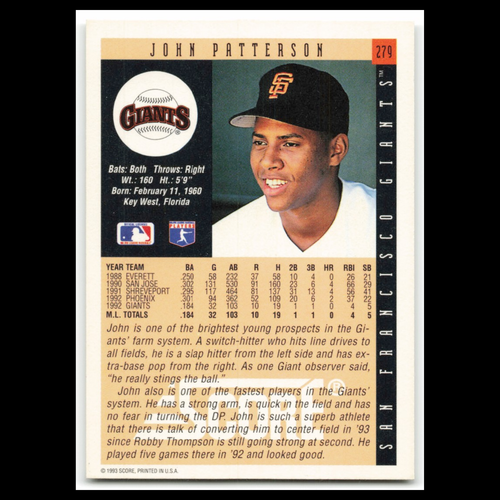 John Patterson Rookie #279 1993 Score San Francisco Giants Baseball ...