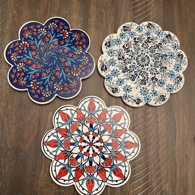 3 x Hand Painted Tile Trivets from Turkey. Colorful Kitchen Decor | eBay