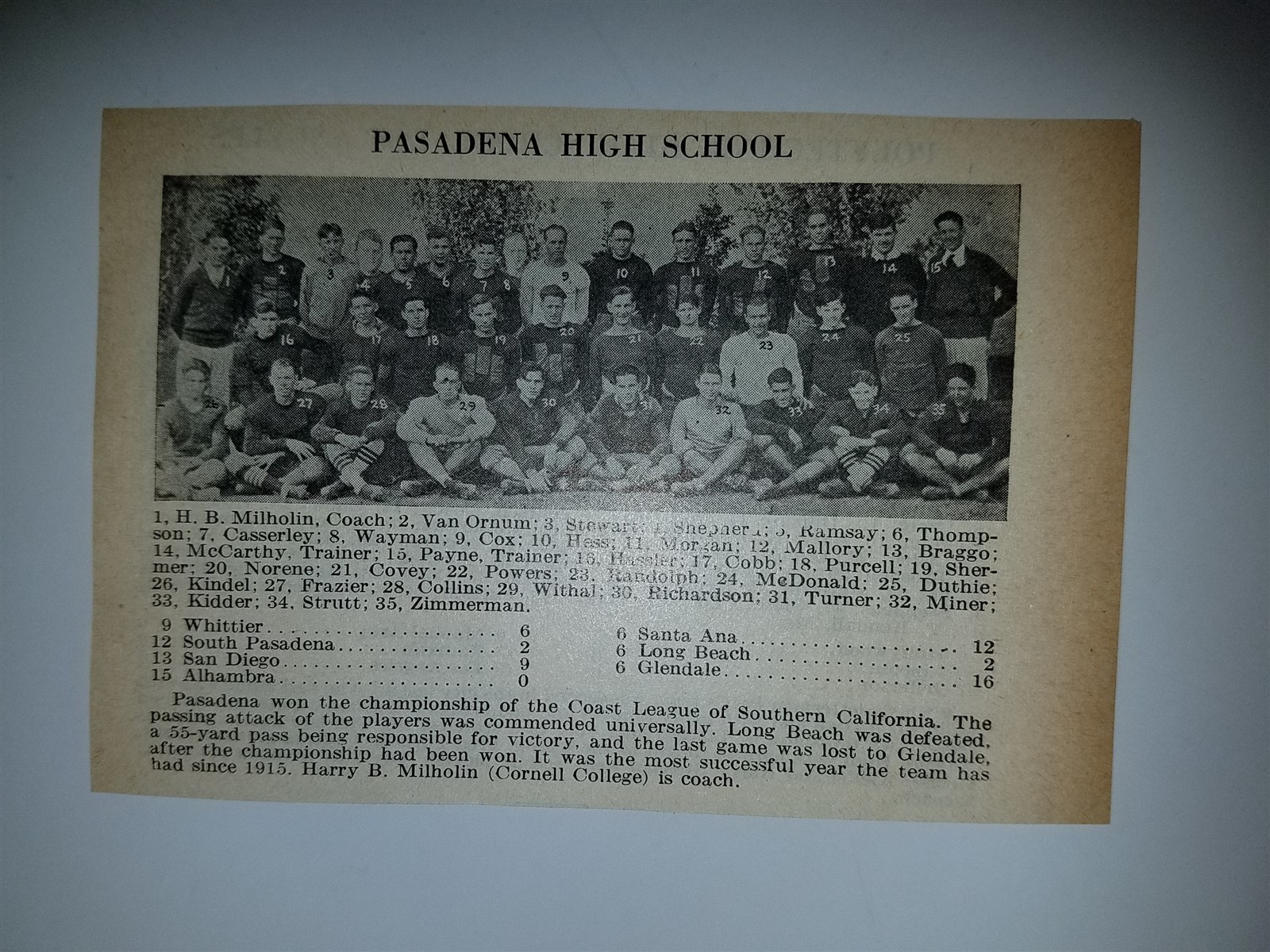 Pasadena & Polytechnic Los Angeles High School California 1927 Football ...