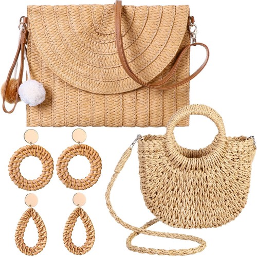 2 Pack Women Straw Crossbody Bag Straw Clutch Rattan Purse for Women ...