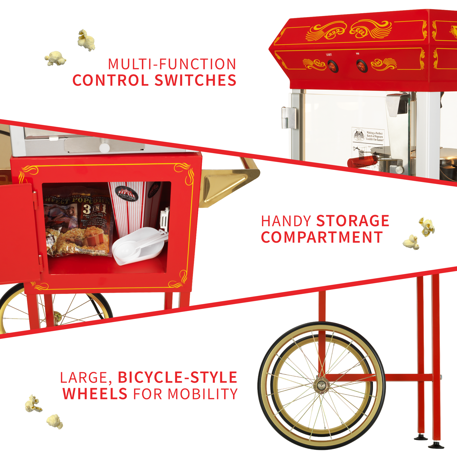 FunTime FT454CR 4oz Red Popcorn Popper Machine Maker Cart Vintage Style ...