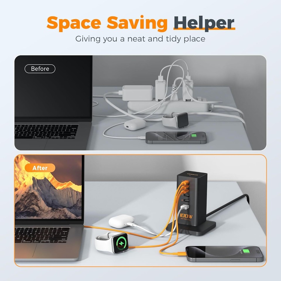 Black Charging Station Desktop Tower Charger with 6 USB Ports (3 USB C ...