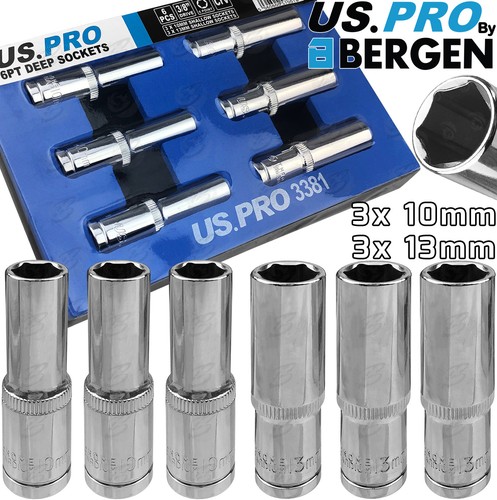 US.PRO 10mm & 13mm Deep Sockets Set 3/8" Dr 6 point Hex Long Reach Deep ...