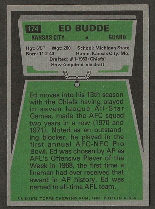 1975 Topps #174 ED BUDDE Kansas City Chiefs - EXMT 02 | eBay