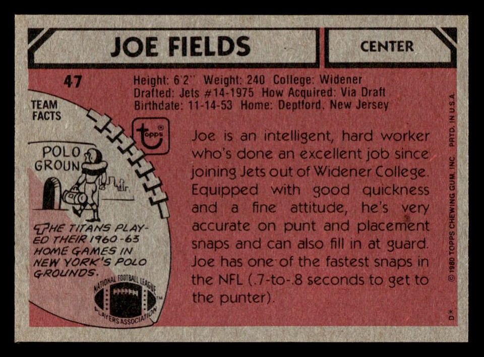 Joe Fields New York Jets 1980 Topps #47 | eBay