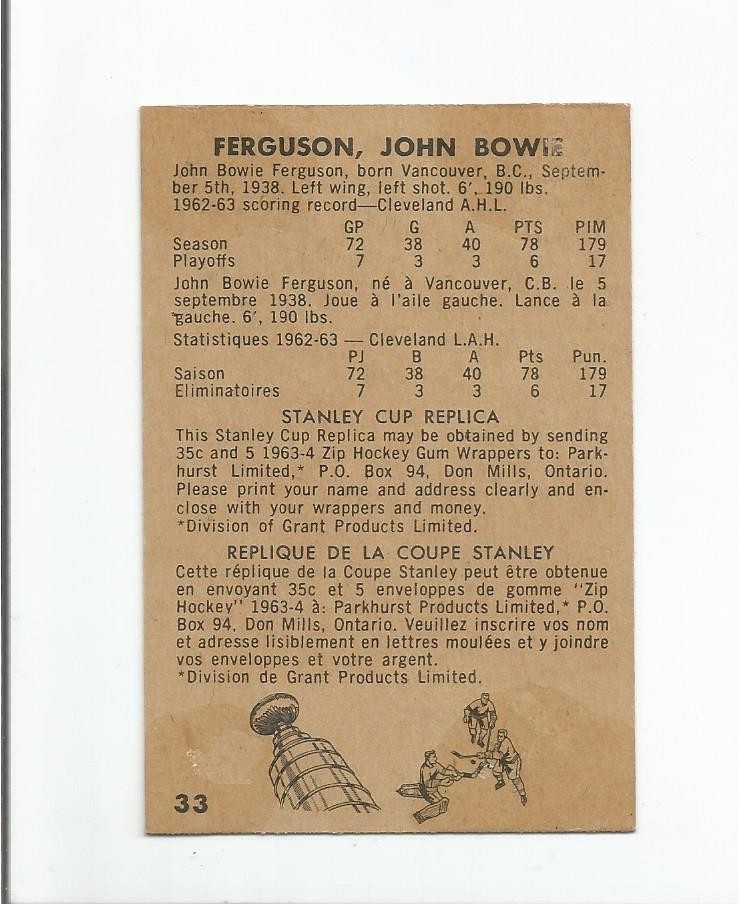 1963-64 JOHN FERGUSON PARKHURST HOCKEY CARD #33 ROOKIE | eBay