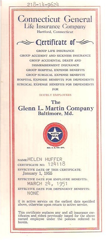 GLENN L. MARTIN employee life insurance policy documents from 1955 ...