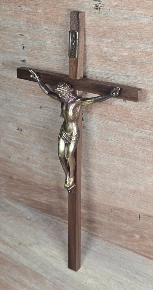 VTG INRI Wood & Brass/Bronze Crucifix Wall Cross – Catholic Christian ...