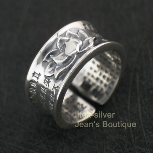 Buddhism Lotus Heart Sutra Ring 925 Sterling Silver Unisex Open Band ...