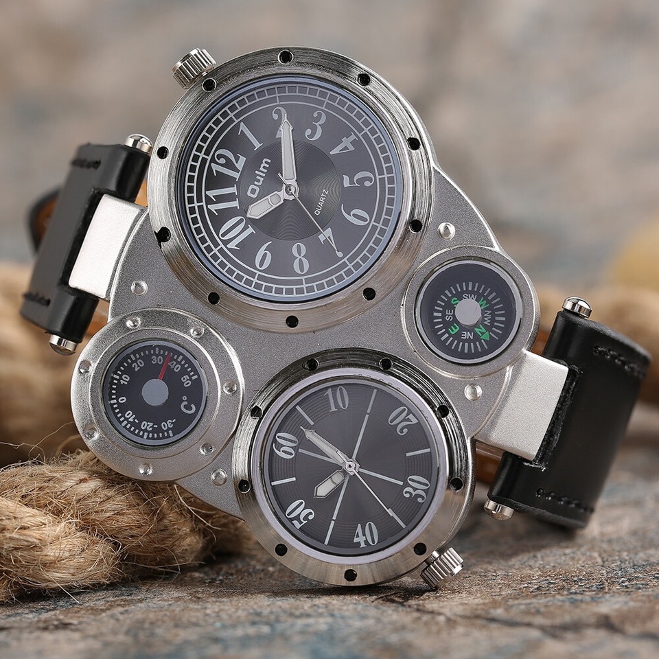 OULM Mens Military Watch Unique Trendy 2 Time Zones Steampunk ...