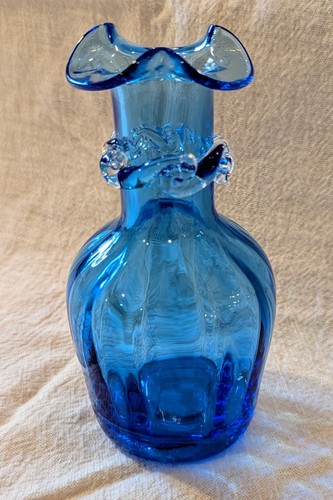 Cobalt Blue Pilgrim Glass Vase Hand Blown 5” with Clear Rigaree Ruffled ...