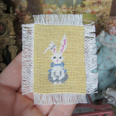 Vtg Artisan Dollhouse PETIT POINT BUNNY MAT Needlepoint BABY RUG ...