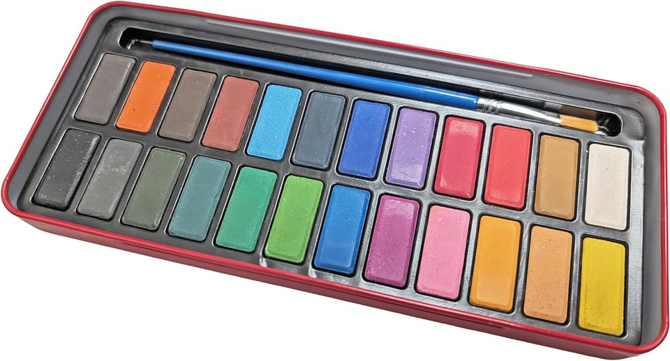 Artist Watercolour Paint Set of 24 Colour Blocks Pans & Paintbrush In ...