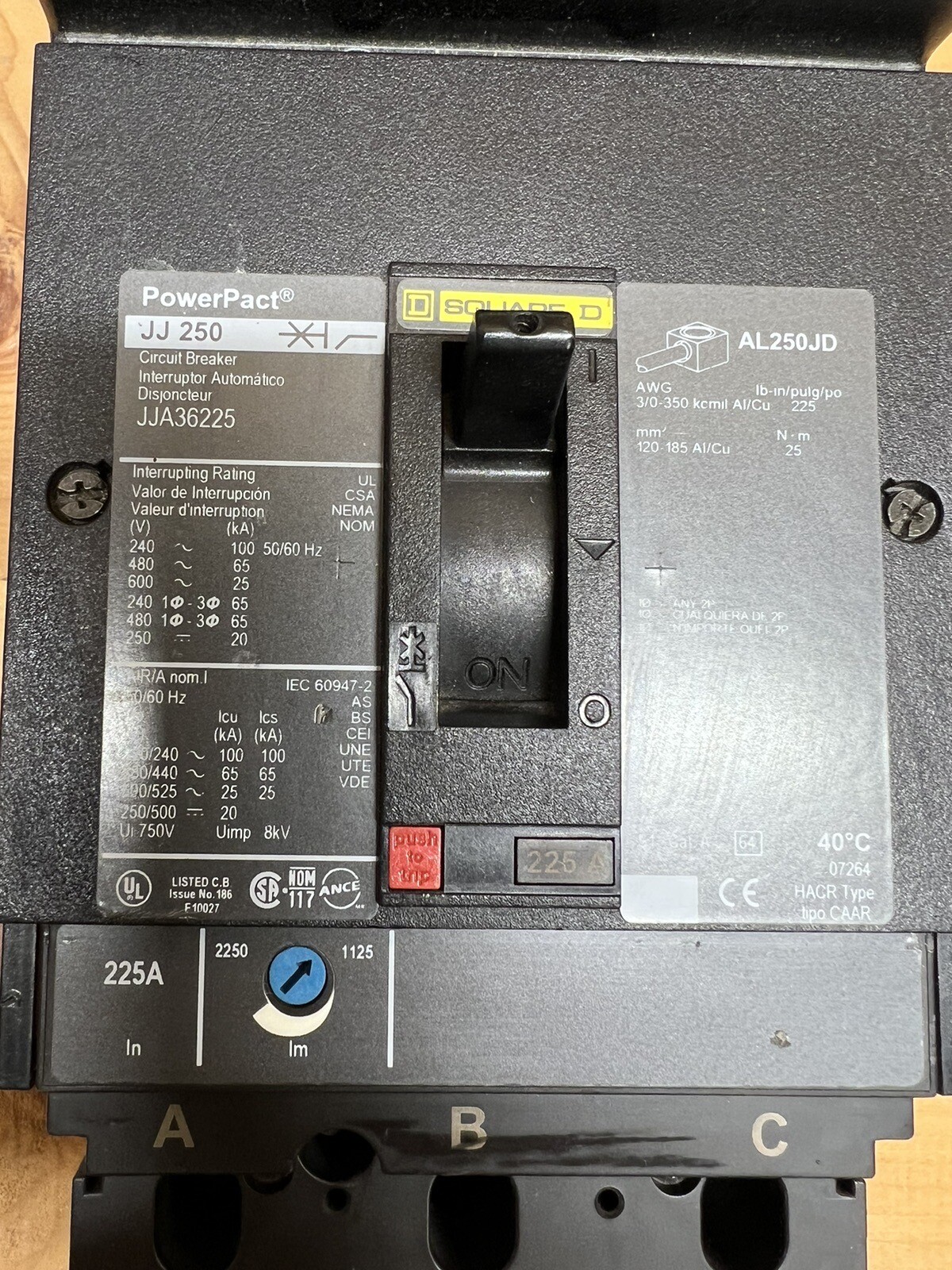 JJA36225 Square D 225 Amp 600V 3 Pole I-Line Circuit Breaker JJ250 JJA ...