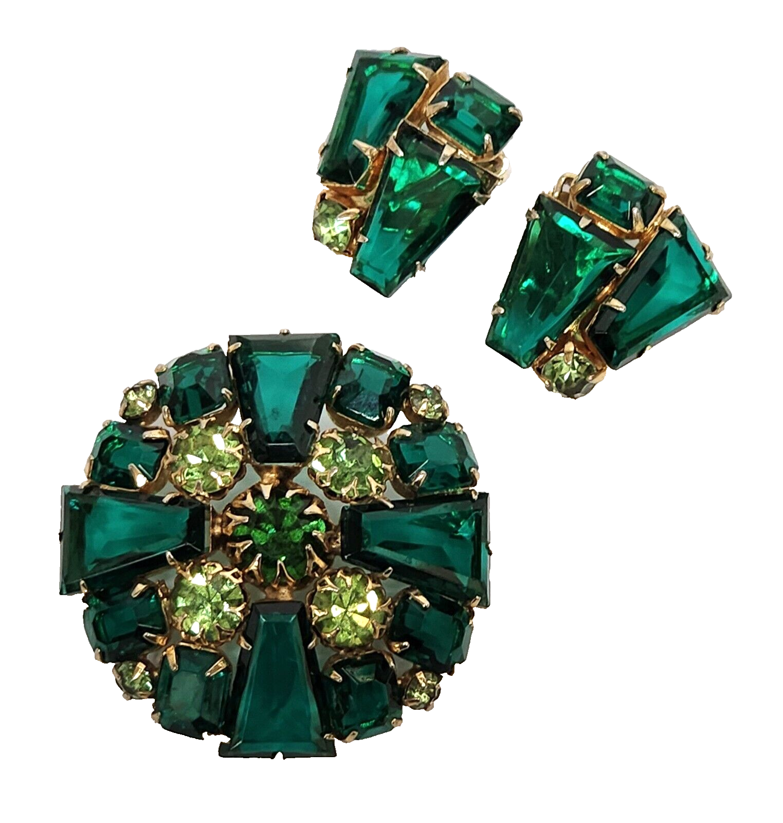 Gorgeous Vintage Green Keystone Shape Rhinestone Clip Earrings Brooch ...