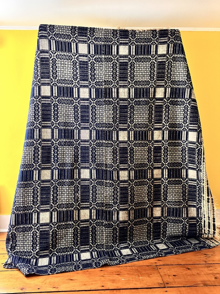 Antique primitive American indigo jacquard wool overshot coverlet ...