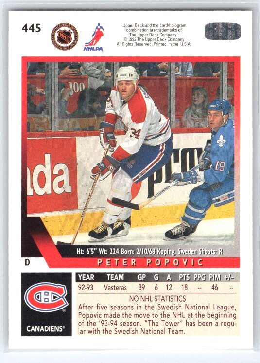 1993 Upper Deck Peter Popovic #445 RC Rookie Montreal Canadiens | eBay