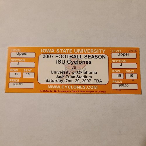 Oklahoma Sooners Iowa State Cyclones Football Ticket 10/20 2007 Chris ...