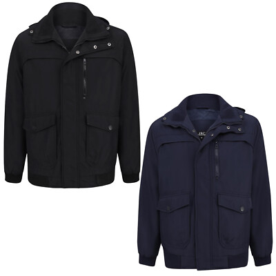 Mens Shower Proof Hooded Jacket Ribbed Collared Lined Winter Warm Zip ...