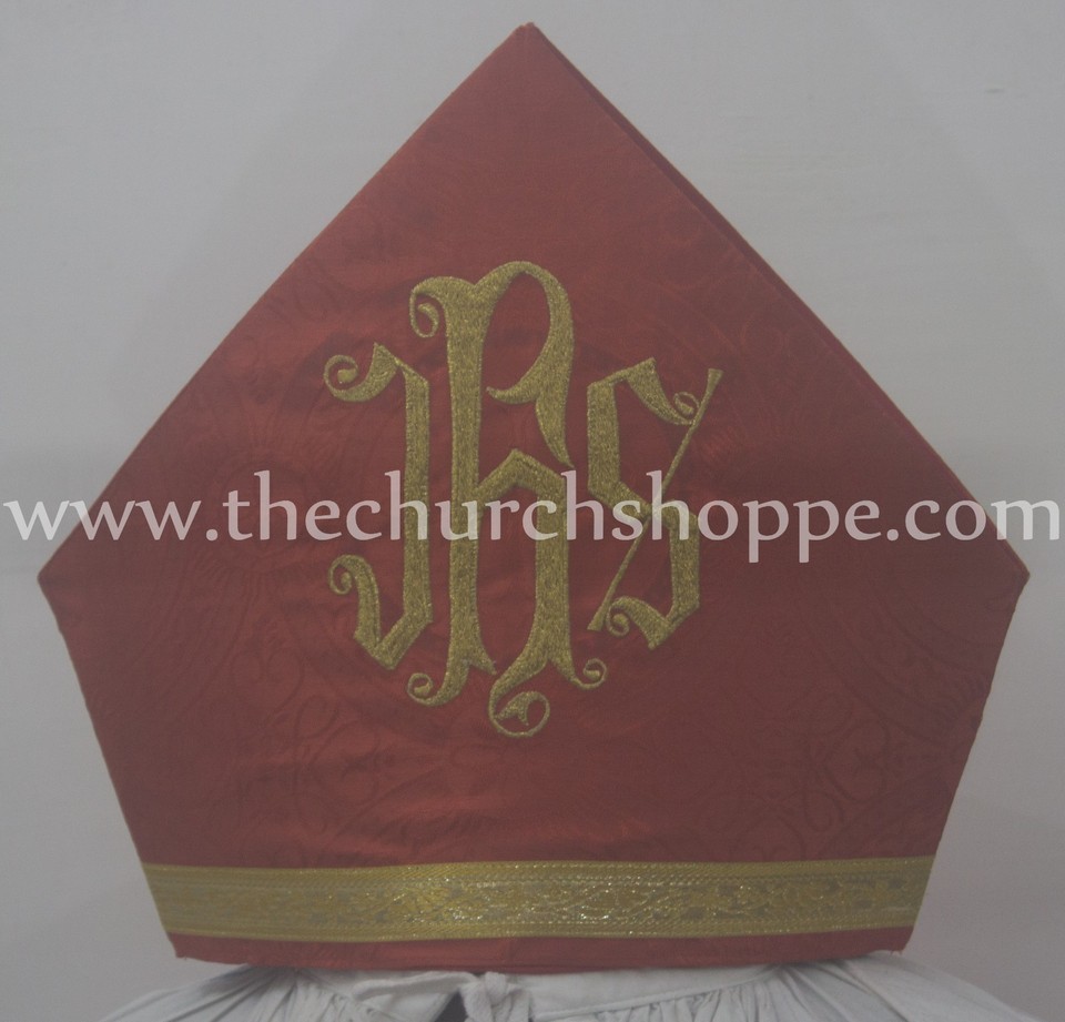 New Red Mitre with IHS embroidery,mitra,Bishop's mitre, new | eBay UK