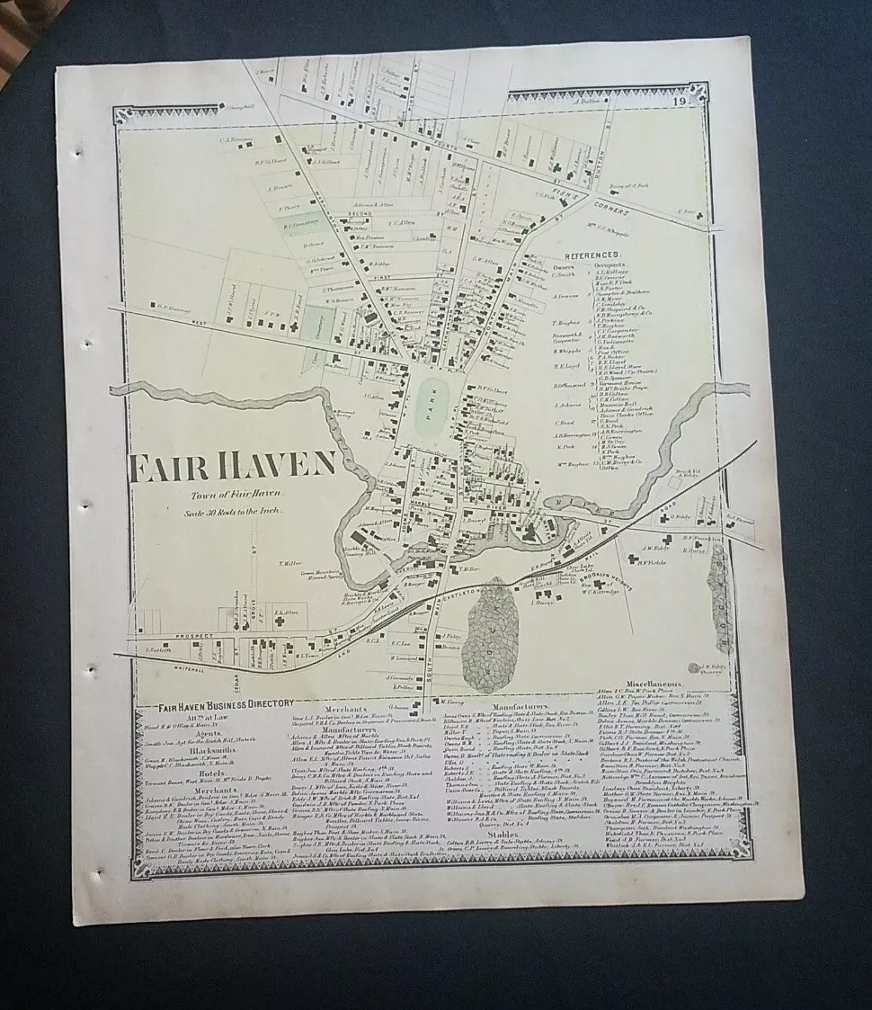 1869 Antique Map of Village of Fair Haven Vermont Color Map VT F.W ...