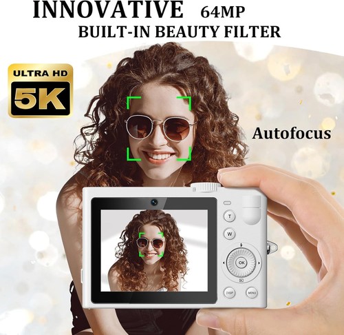 5K 64MP Compact Digital Camera, Dual Lens 2.8inch IPS HD Screen White ...
