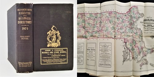 1874 antique MASSACHUSETTS foldout MAP in CITY DIRECTORY REGISTER ...