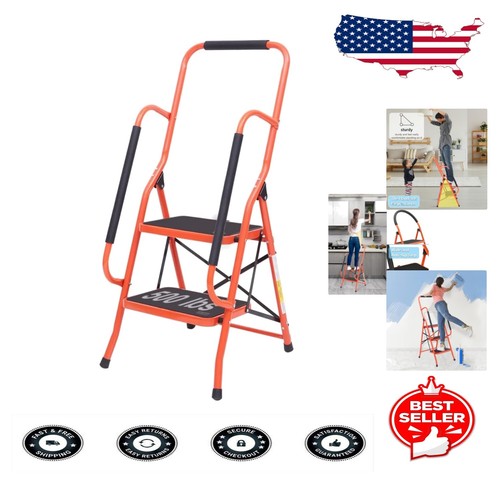 Compact 2 Step Ladder with Handrails - 500lbs Load, Perfect for Home ...