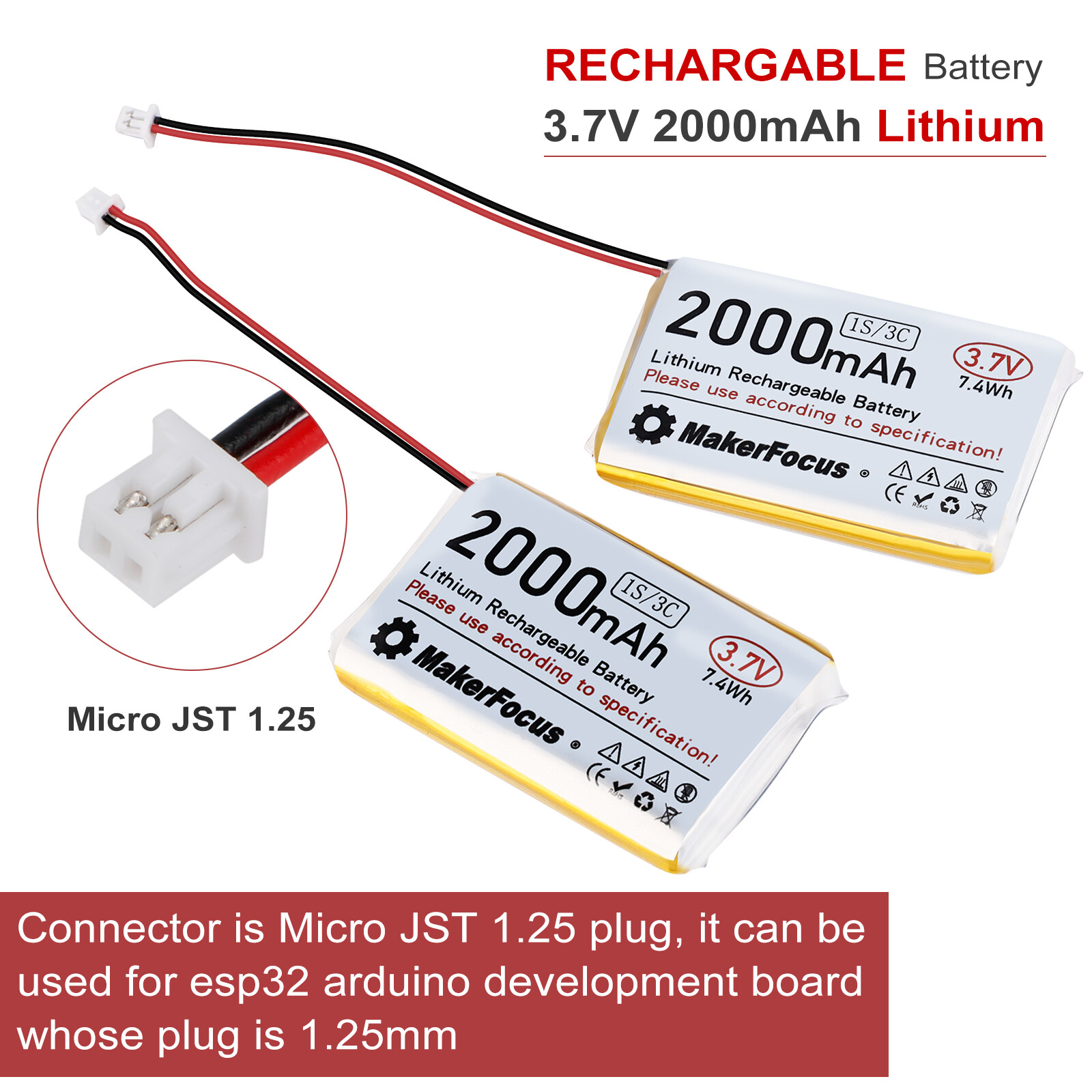 12Pcs 3.7V 2000mAh 3C Lipo Battery with JST 1.25 Plug for Ar duino ...