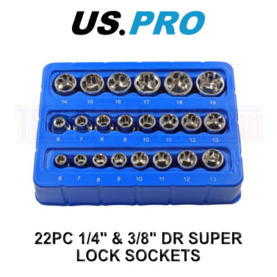 US PRO Tools Super-Lock Shallow Socket Set 22pc 1/4" 6-13mm & 3/8" 6 ...